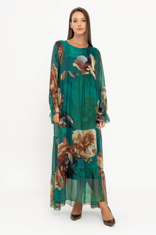 Rochie maxi mătase cu imprimeu floral verde RW035caramel