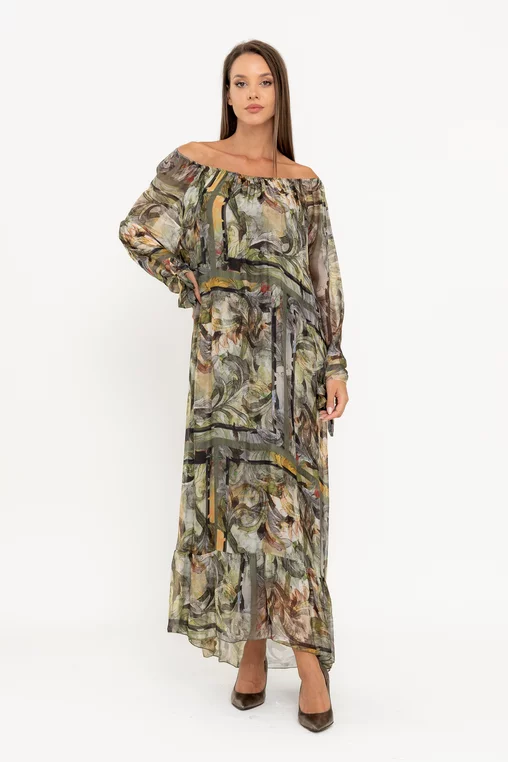 Rochie maxi mătase imprimată verde RW035caramel