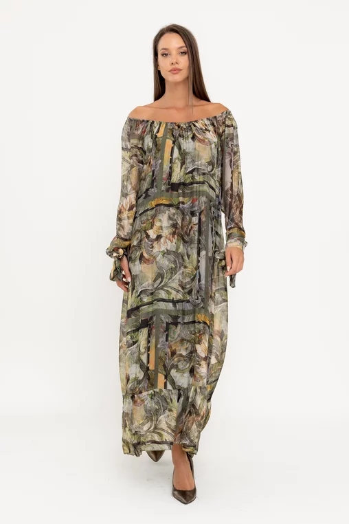 Rochie maxi mătase imprimată verde RW035caramel