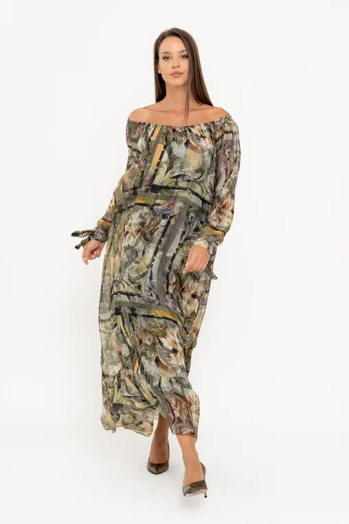 Rochie maxi mătase imprimată verde RW035caramel