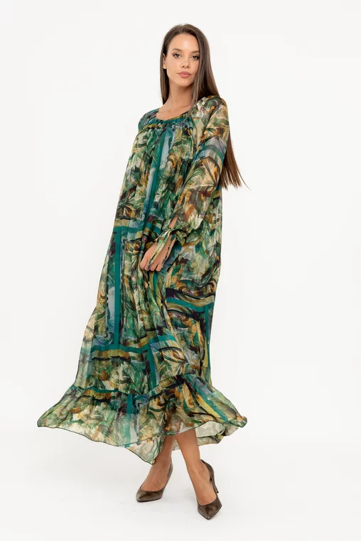 Rochie maxi mătase imprimată verde RW039caramel