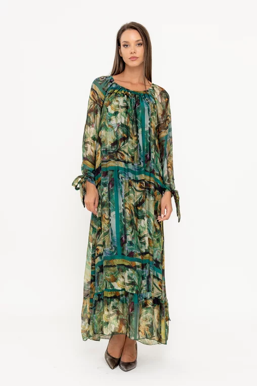 Rochie maxi mătase imprimată verde RW039caramel