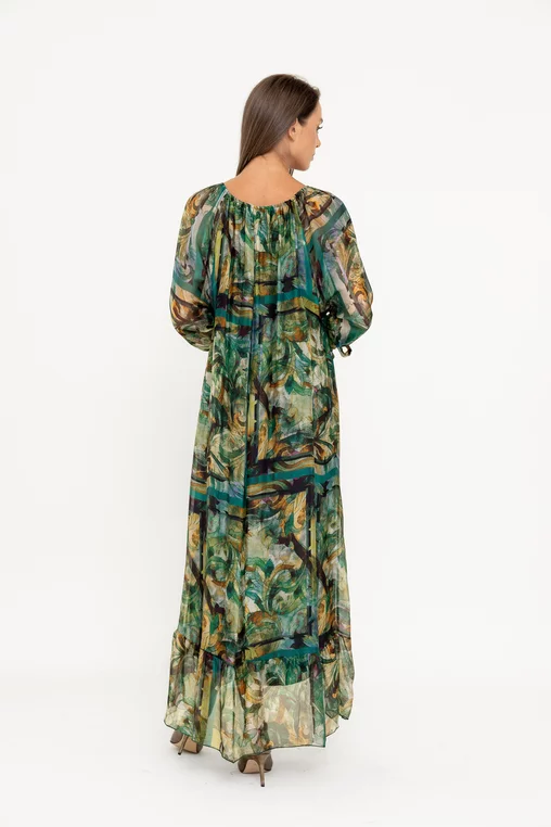 Rochie maxi mătase imprimată verde RW039caramel