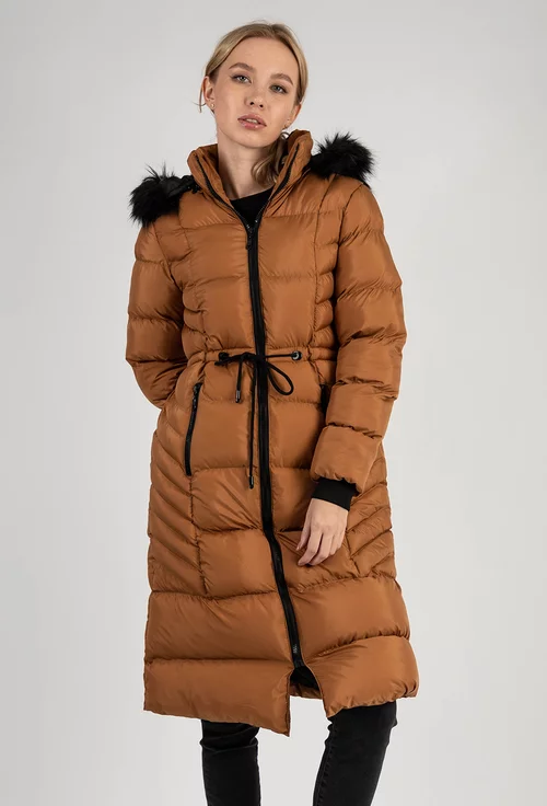 Geaca lunga maro cu snur in talie - Dasha.ro