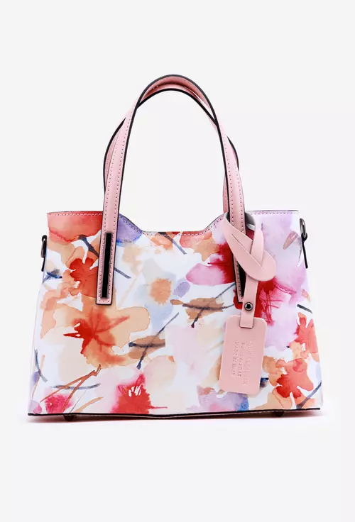 Geanta roz din piele cu flori stilizate - Dasha.ro