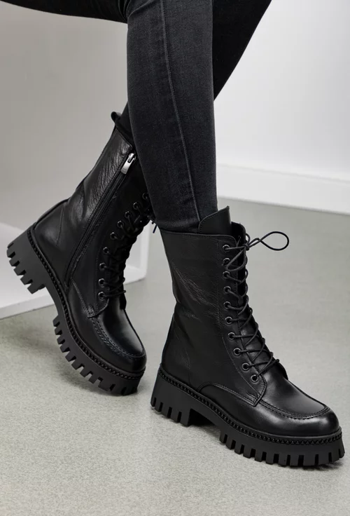 Ghete cu siret si fermoar realizate din piele culoarea neagra - Dasha.ro