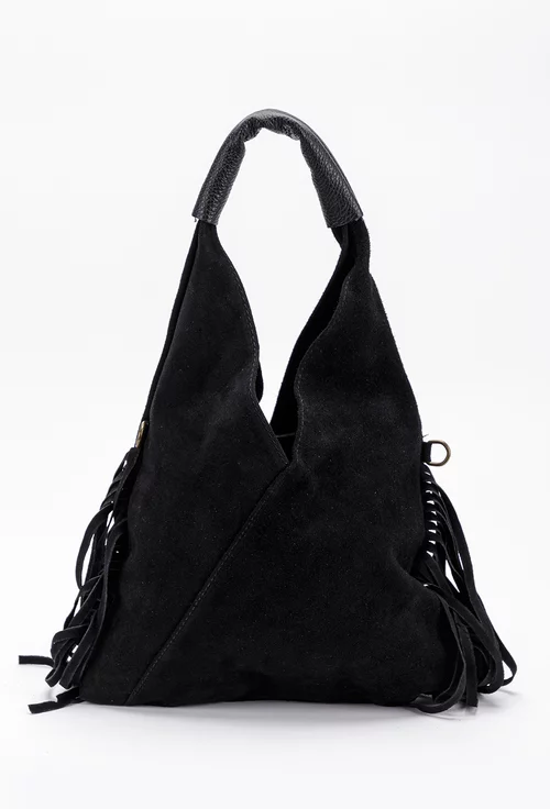 Poseta neagra din piele intoarsa cu franjuri - Dasha.ro