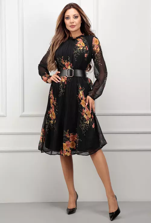 Rochie plisata neagra cu detalii florale - Dasha.ro