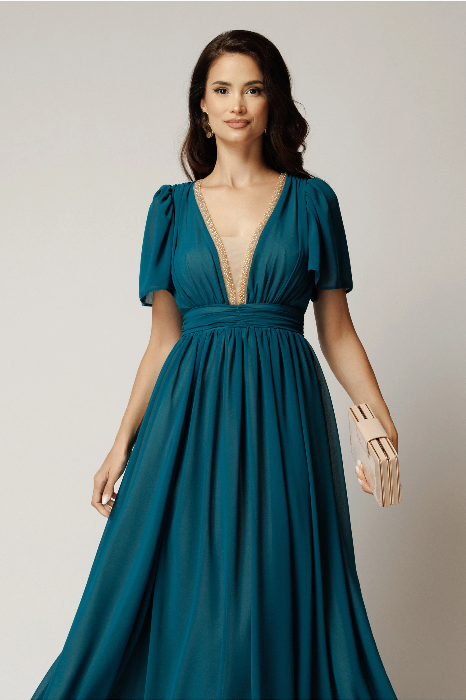 Rochie DY Fashion lunga turcoaz din voal in clos cu strasuri si tull la ...