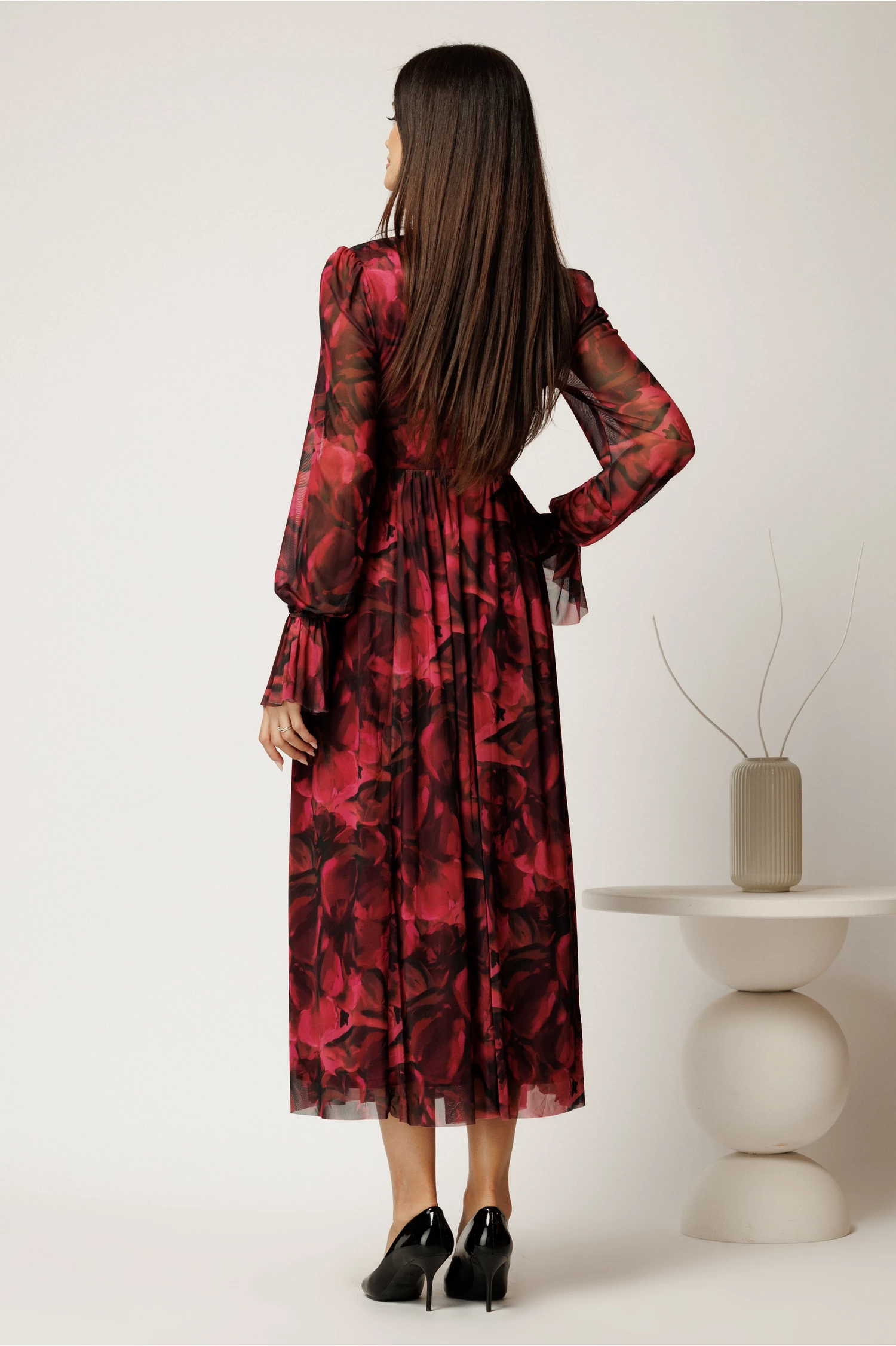 Rochie DY Fashion midi bordo cu imprimeu din tulle fin in clos cu ...