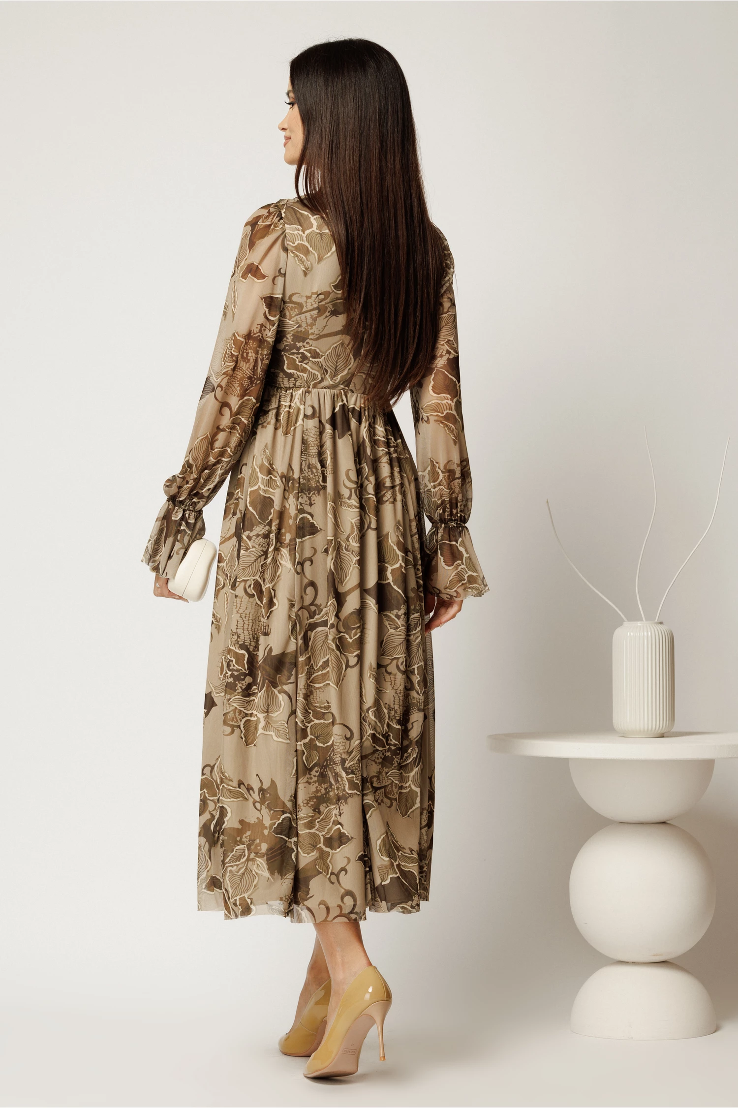 Rochie DY Fashion midi kaki cu imprimeu din tulle fin in clos cu ...