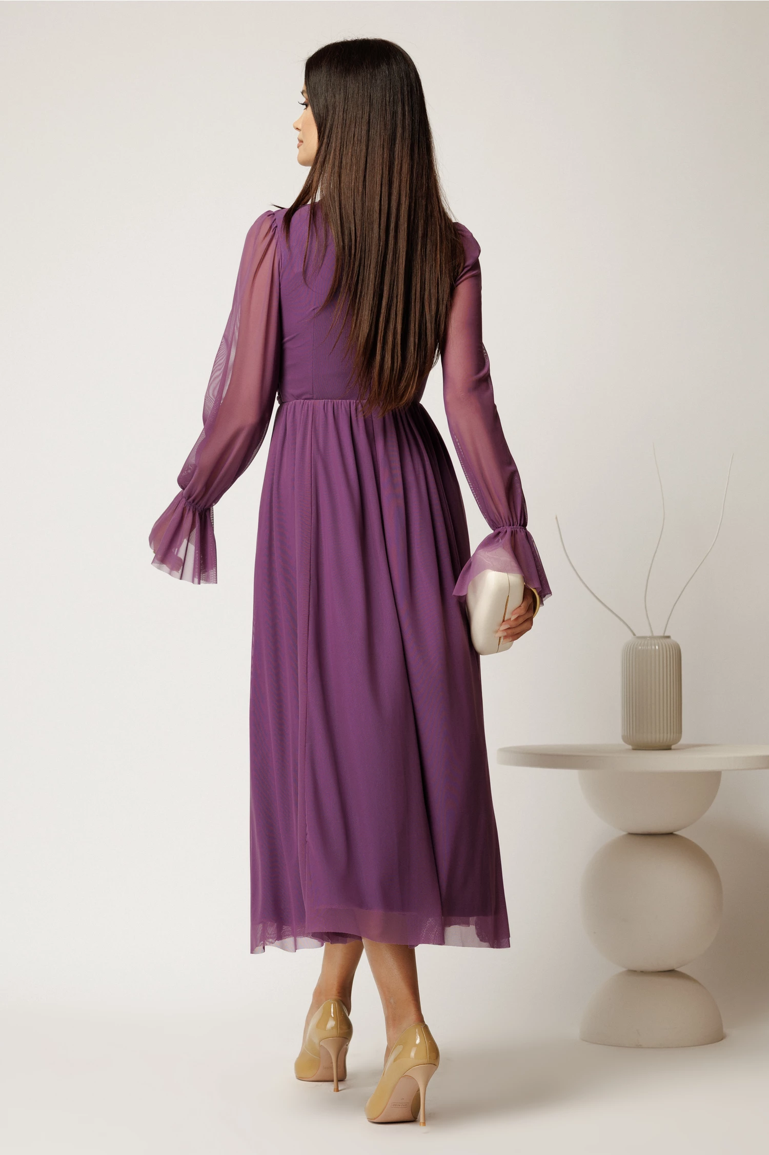 Rochie DY Fashion midi mov din tulle fin in clos cu crapatura pe picior ...