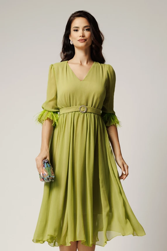 Rochie DY Fashion midi verde lime din voal in clos cu pene la maneci si ...