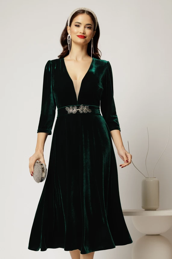 Rochie DY Fashion verde din catifea cu decolteu adanc si cordon cu ...