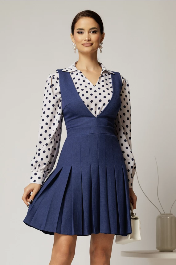 Sarafan DY Fashion albastru din stofa cu pliuri si decolteu adanc ...