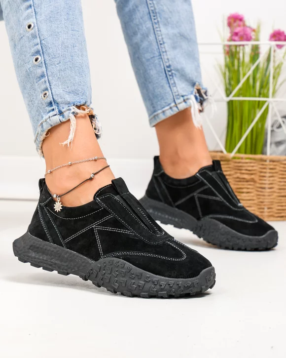 Pantofi casual dama piele naturala intoarsa negri cu inchidere slip-on ...