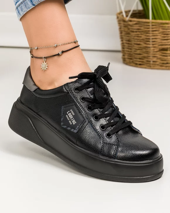 Pantofi casual dama piele naturala negri cu inchidere sireturi si varf ...