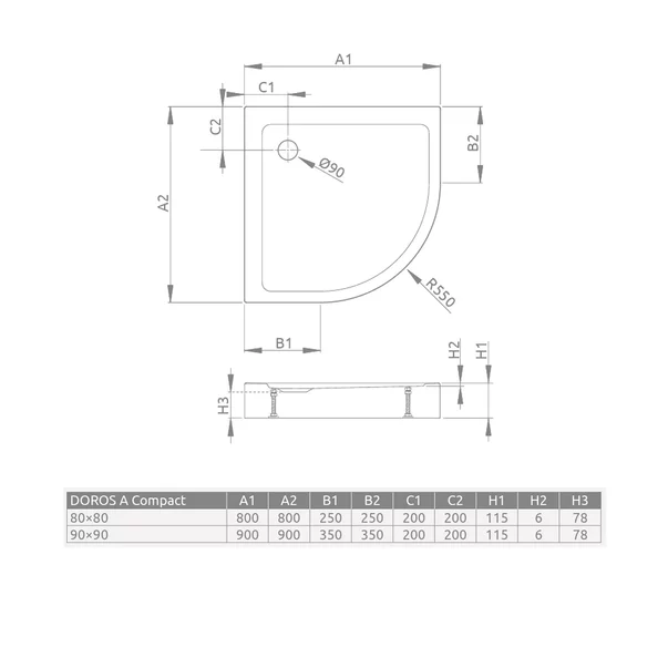 Cadita dus semirotunda Radaway Doros A Compact 90x90 cm acril alb ...