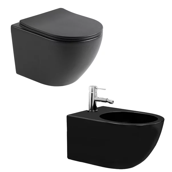 Pachet vas wc negru mat, capac slim softclose si bideu suspendat negru ...