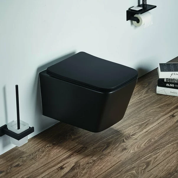 Pachet vas wc negru mat, capac slim softclose si bideu suspendat negru ...