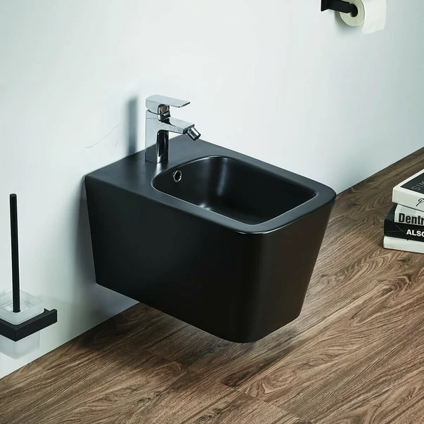 Pachet vas wc negru mat, capac slim softclose si bideu suspendat negru ...