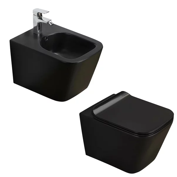 Pachet vas wc negru mat, capac slim softclose si bideu suspendat negru ...