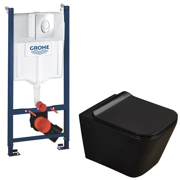Pachet vas wc negru mat Rune Jord, capac slim softclose si rezervor ...