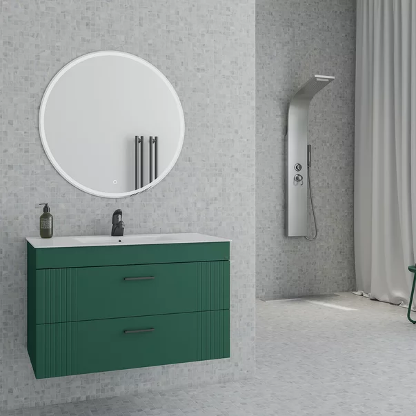 Set dulap baza suspendat verde cu 2 sertare Drop Lines Athena si lavoar ...
