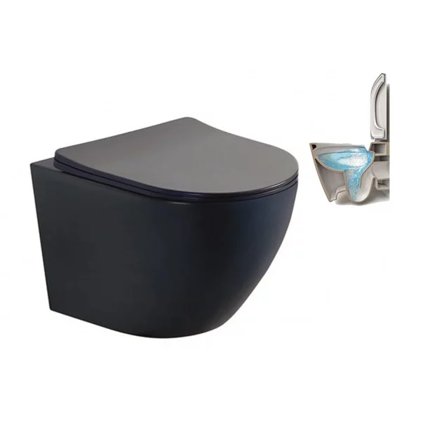 Set vas WC suspendat Inter Ceramic Rimless cu capac slim negru finisaj ...