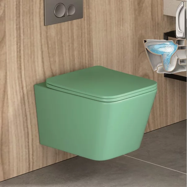 Set vas WC suspendat Inter Ceramic Rimless verde deschis mat cu capac ...