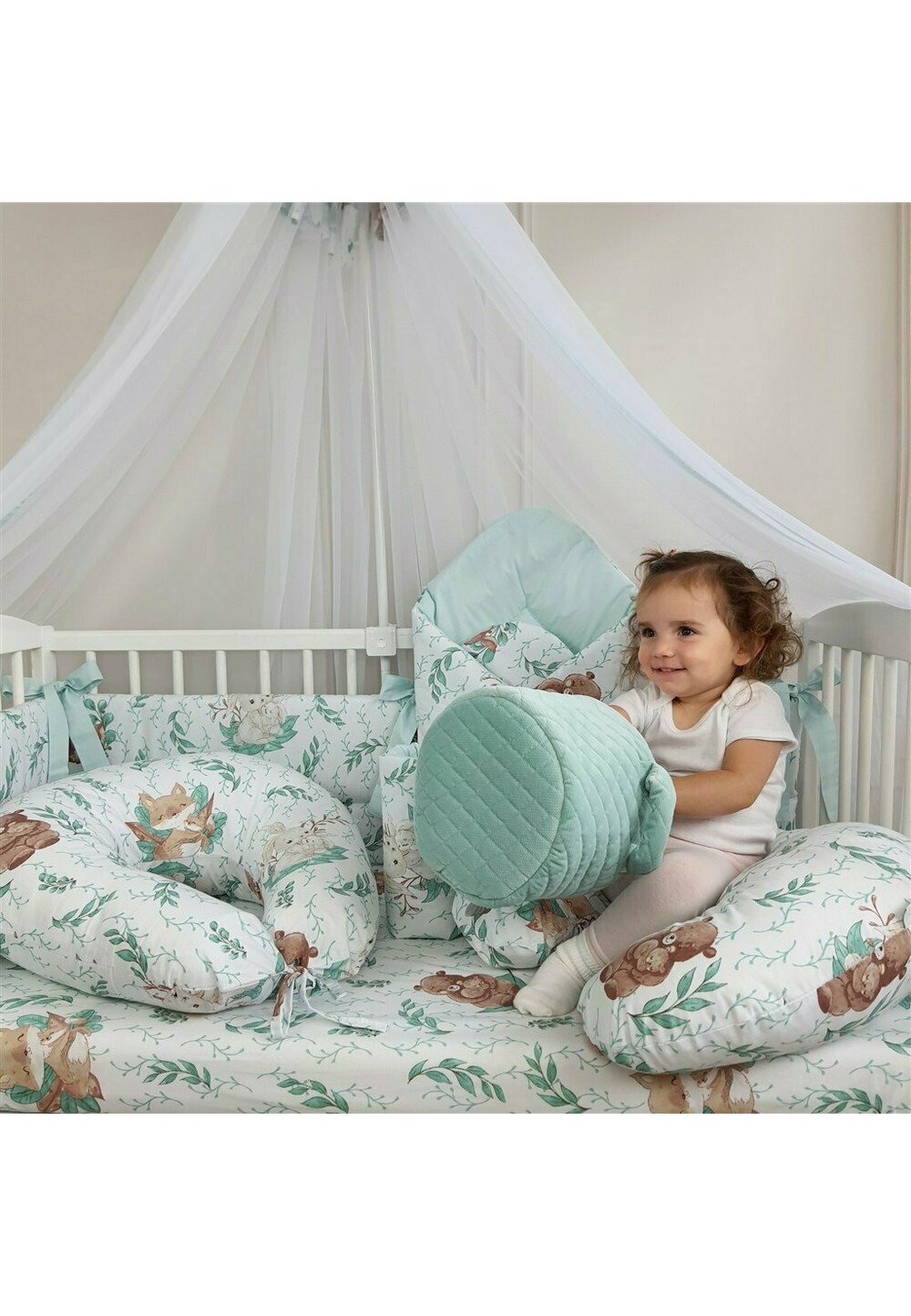 Cos pentru diverse articole bebe mici, catifea, verde, 18 x 17 cm